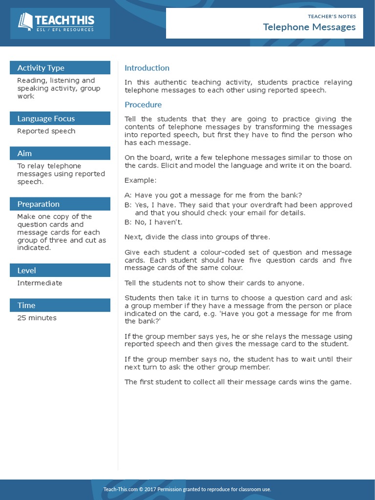 Telephone Messages PDF | PDF | English As A Second Or Foreign Language ...