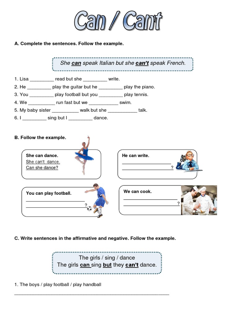 Complete sentences with can or can't | PDF