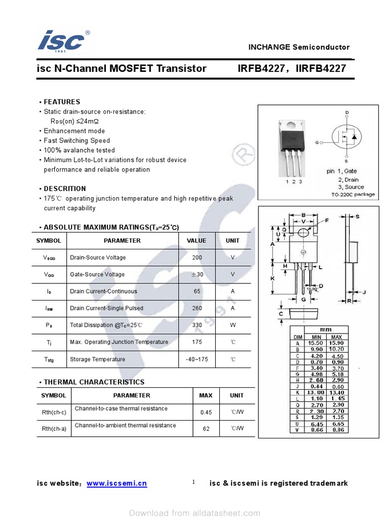 Isc N-Channel MOSFET Transistor IRFB4227 IIRFB4227: INCHANGE Semiconductor | PDF | Field Effect ...