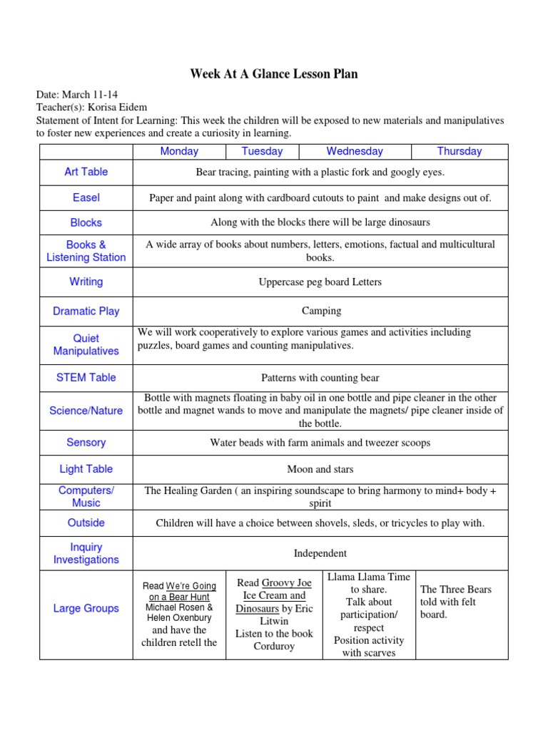 Week at A Glance Lesson Plan | PDF | Literacy | Learning