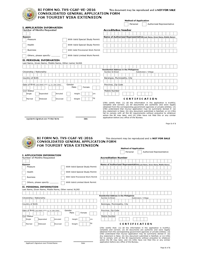 Tourist Visa Extension: Bi Form No. Tvs-Cgaf-Ve-2016 Consolidated ...