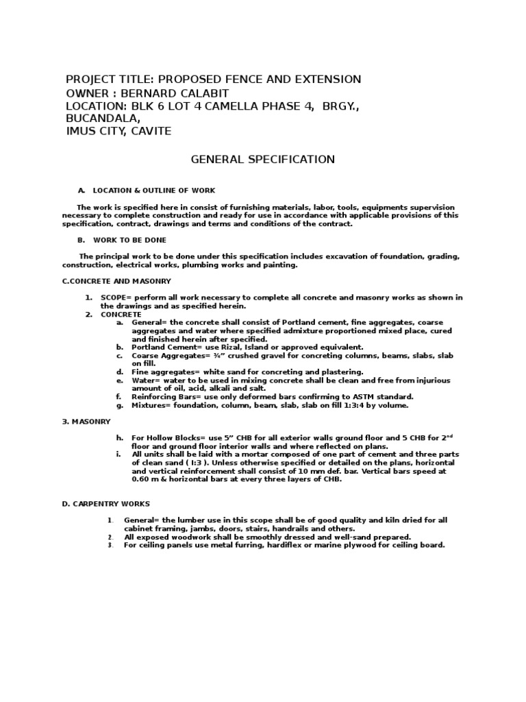 Specs Calabit | Download Free PDF | Masonry | Concrete