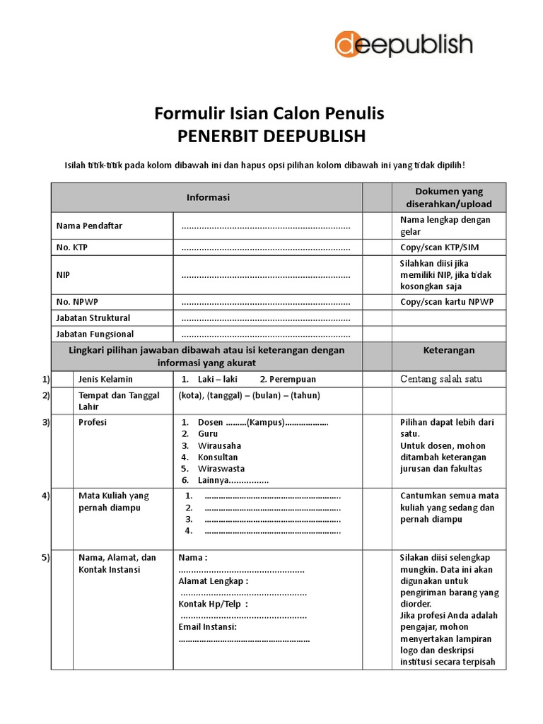 Formulir Pendaftaran Penulis Deepublish | PDF