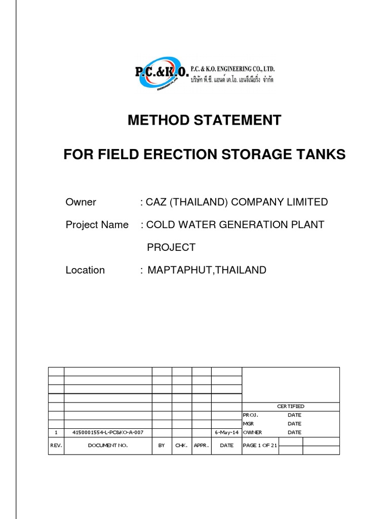 Method Statement For Field Erection Storage Tanks | PDF | Welding | Construction