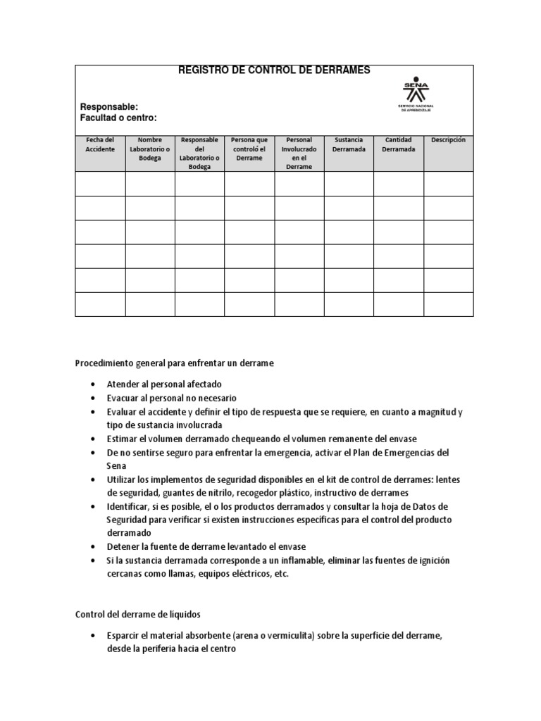 Guia Registro Control de Derrames | PDF | Laboratorios | Residuos