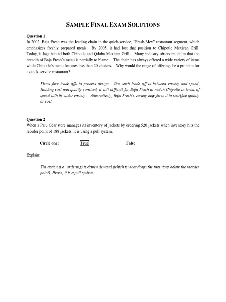 Final Exam Solutions for Quick Service Restaurant Process | PDF ...