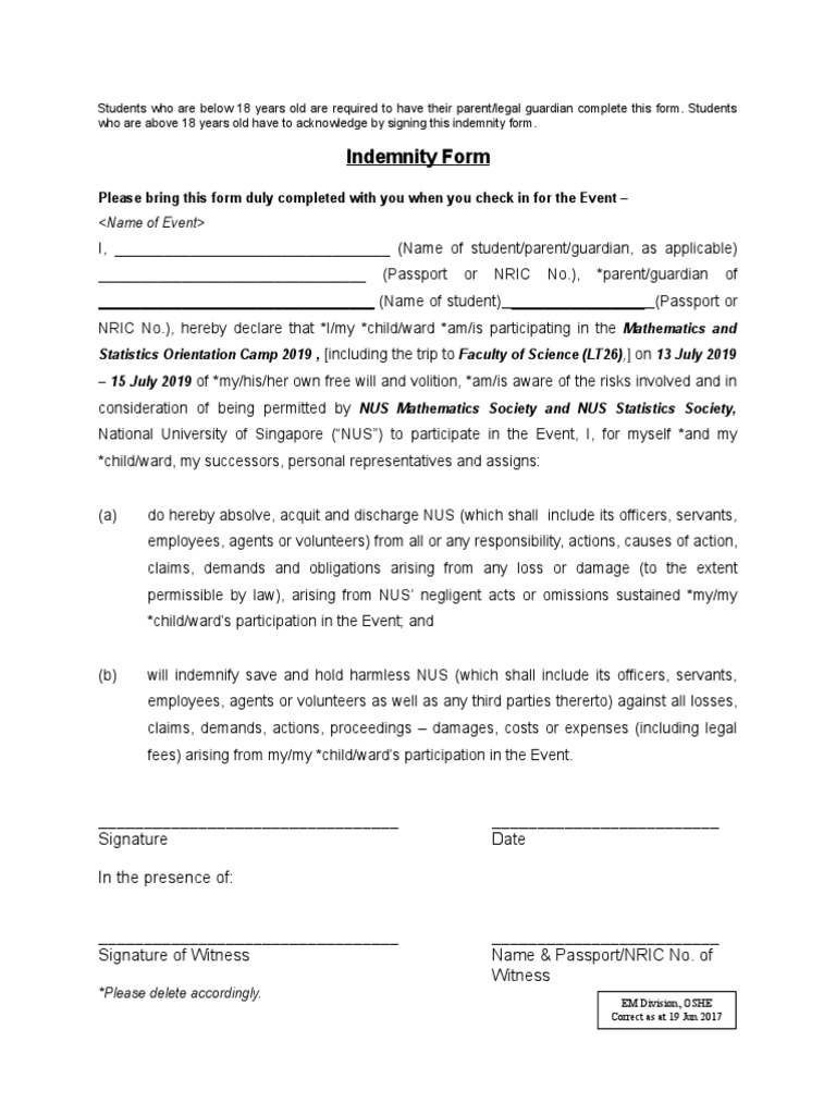 Indemnity Form: Please Bring This Form Duly Completed With You When You ...