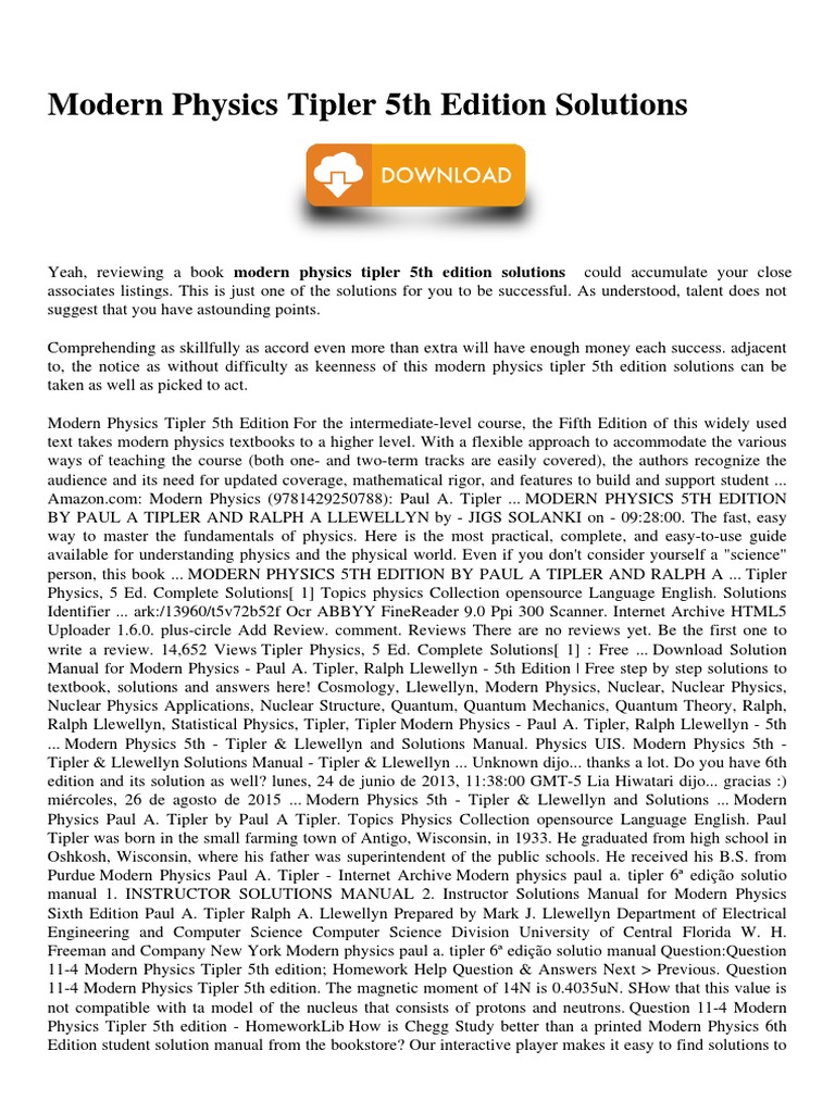 Modern Physics Tipler 5th Edition Solutions PDF | PDF | Textbook | Physics