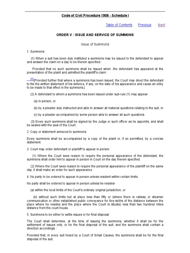 Code of Civil Procedure 1908 - Schedule I | PDF | Summons | Government ...