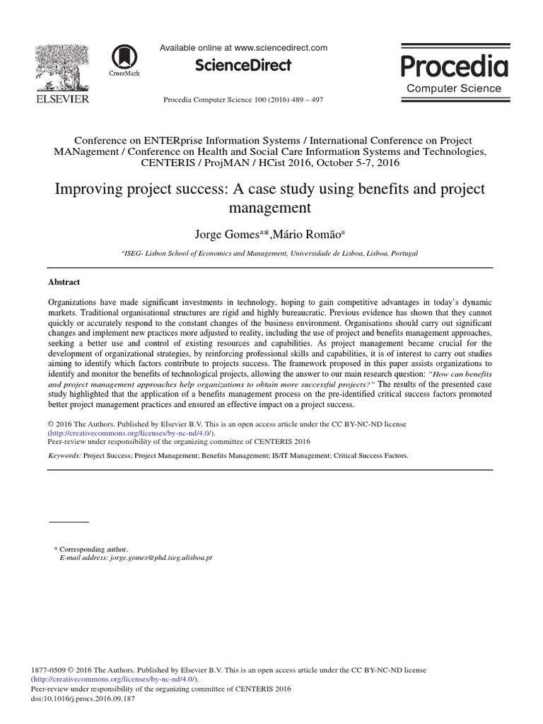Improving Project Success: A Case Study Using Benefits and Project ...