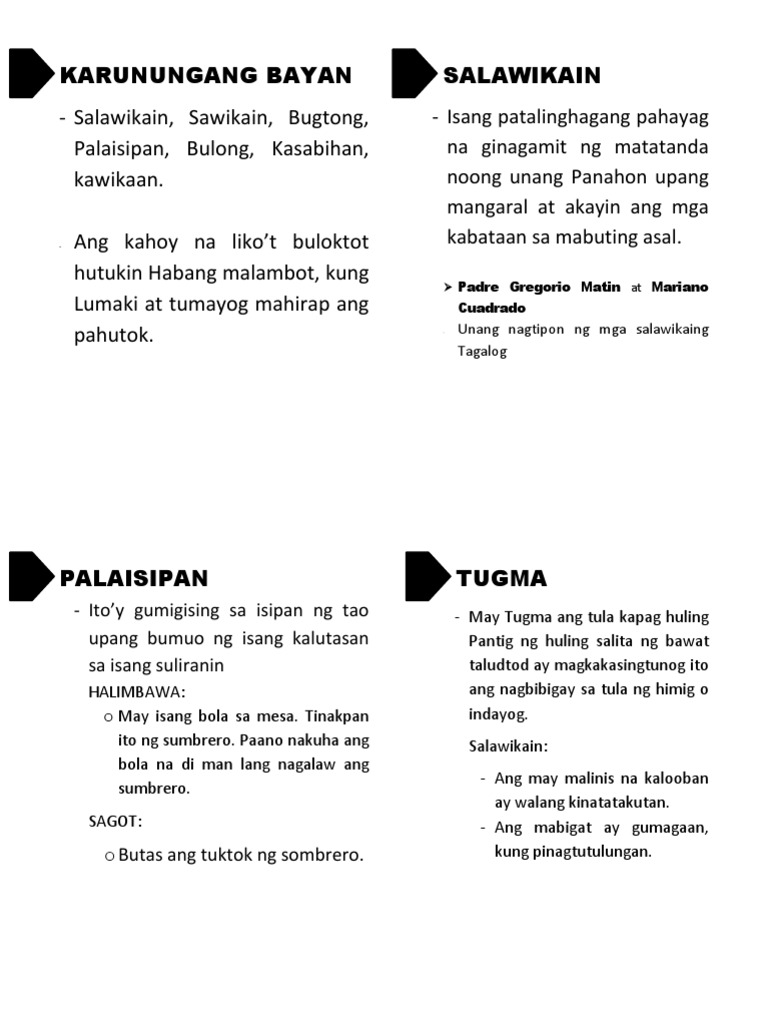 Ang Salawikain Sawikain Bugtong At Kasabihan Ay Mga Halimbawa Ng