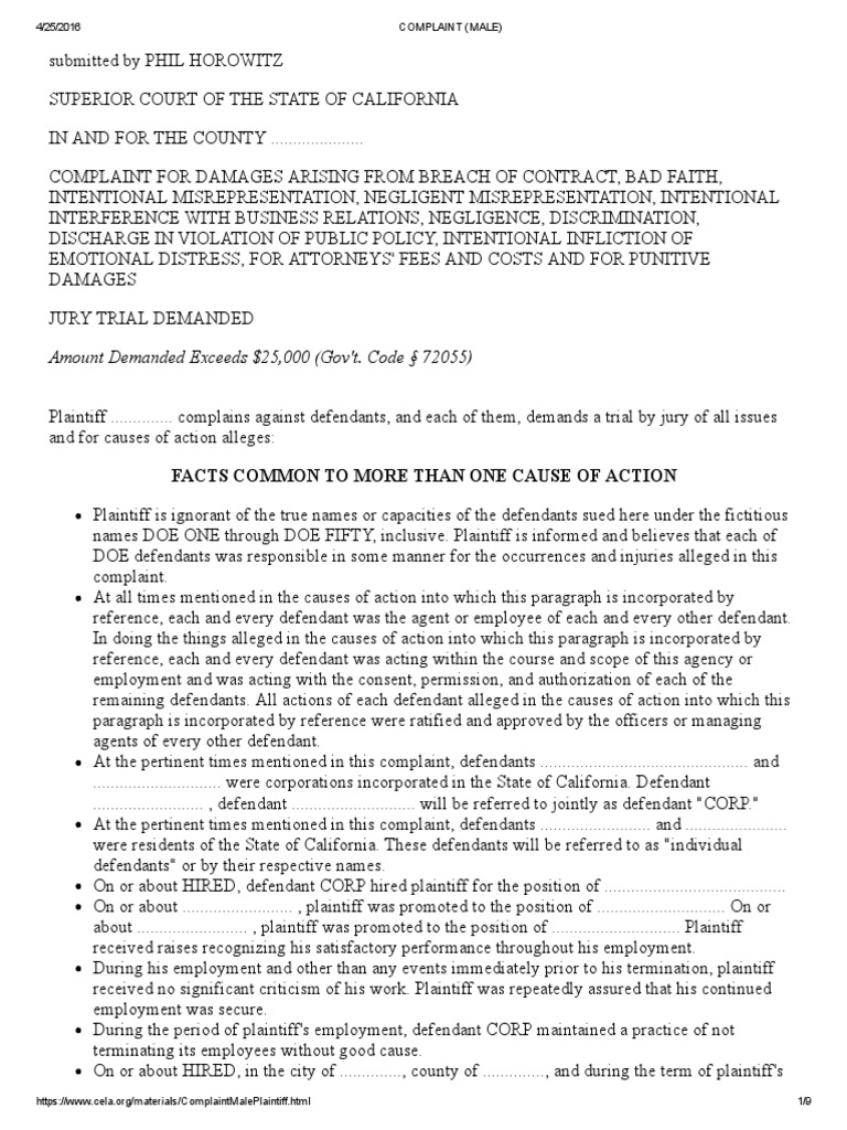 Complaint (Male) | PDF | Negligence | Intentional Infliction Of ...