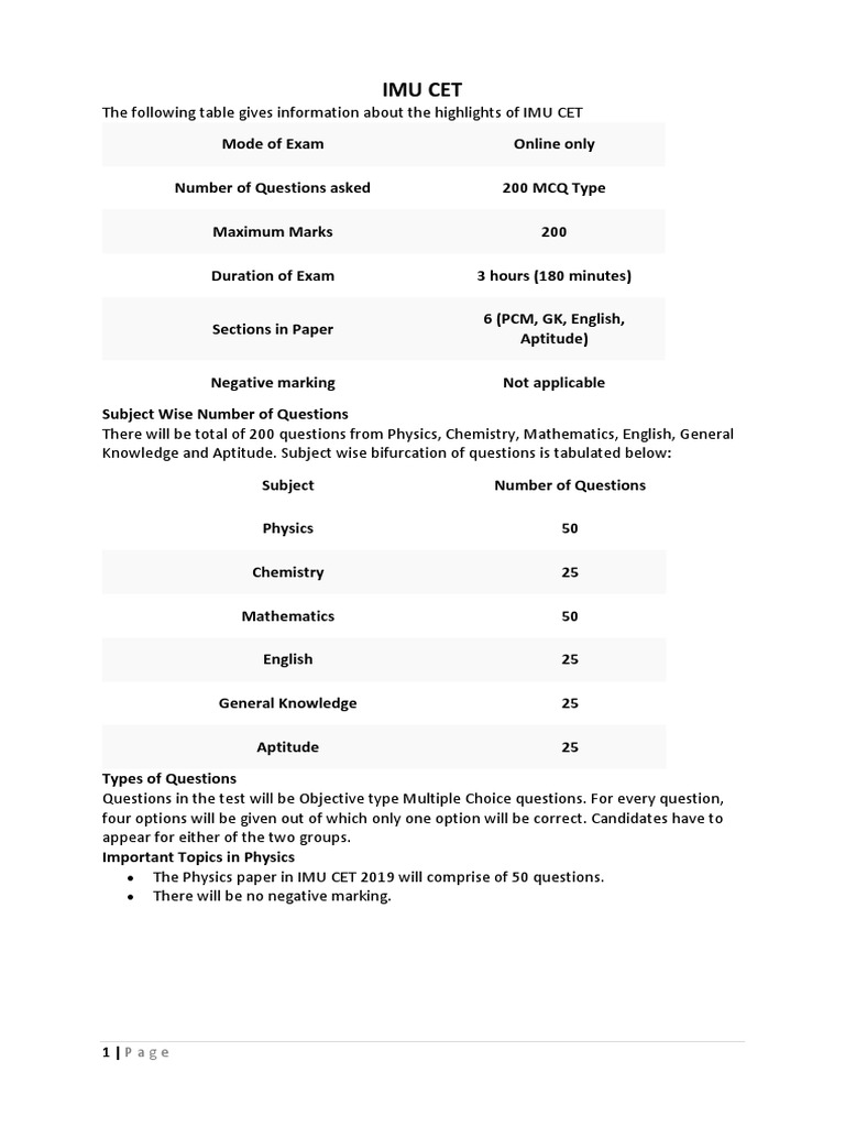 Imu Cet 2019 | PDF | Multiple Choice | Physics