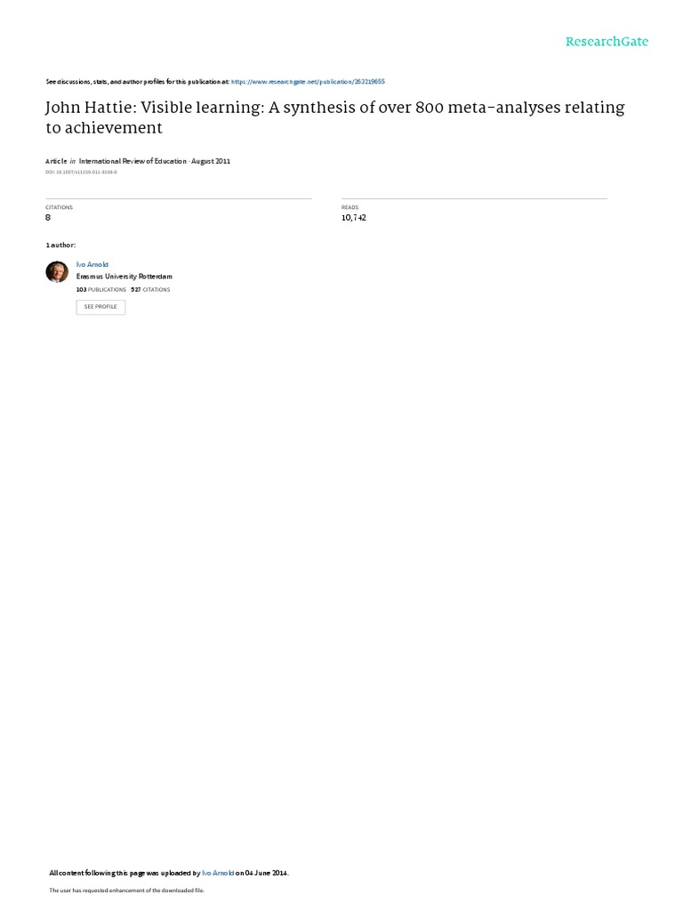 John Hattie Visible Learning A Synthesis Of Over 8 Pdf Meta Analysis Effect Size