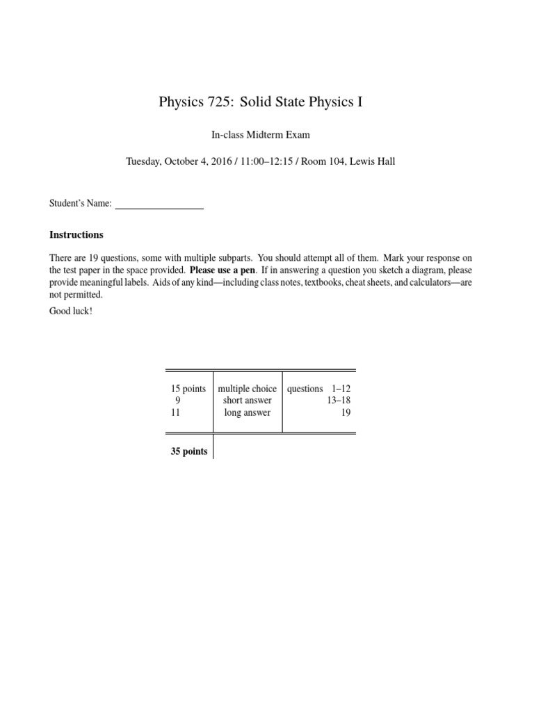 Physics 725: Solid State Physics I: In-Class Midterm Exam | PDF | X Ray Crystallography ...