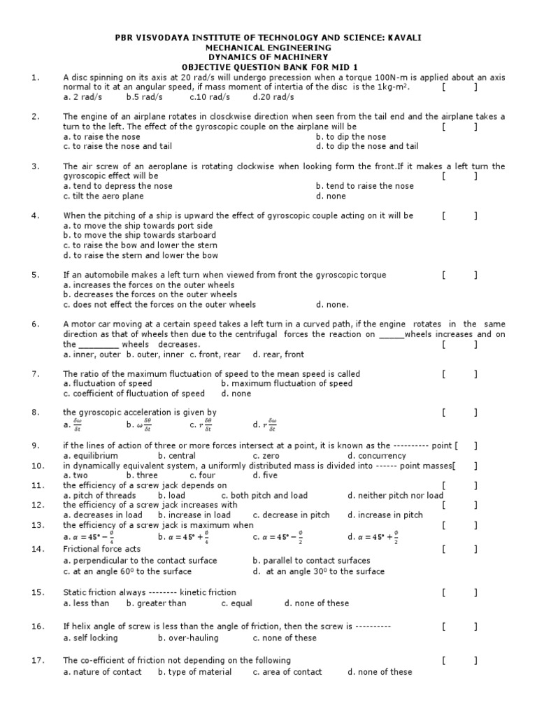 QB For Mid1 Old | PDF | Friction | Torque