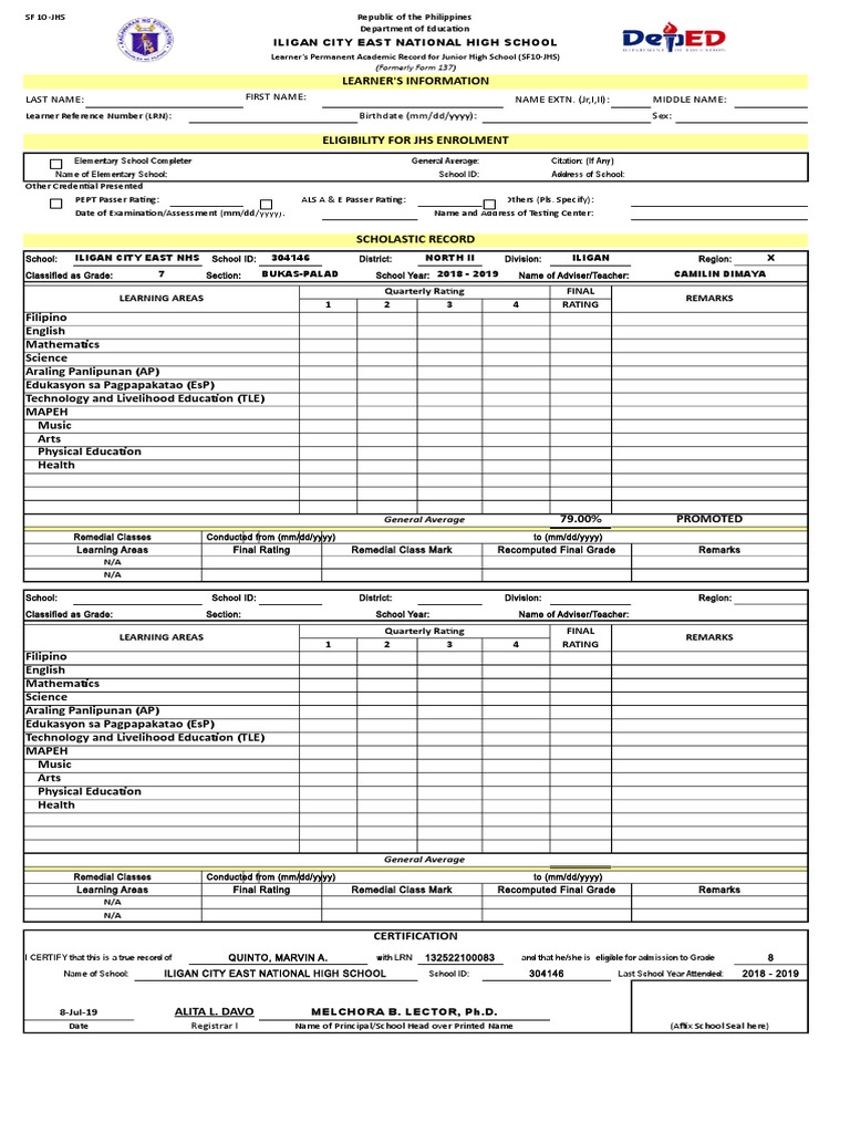 Form 137 2019 New | PDF | Behavior Modification | Learning