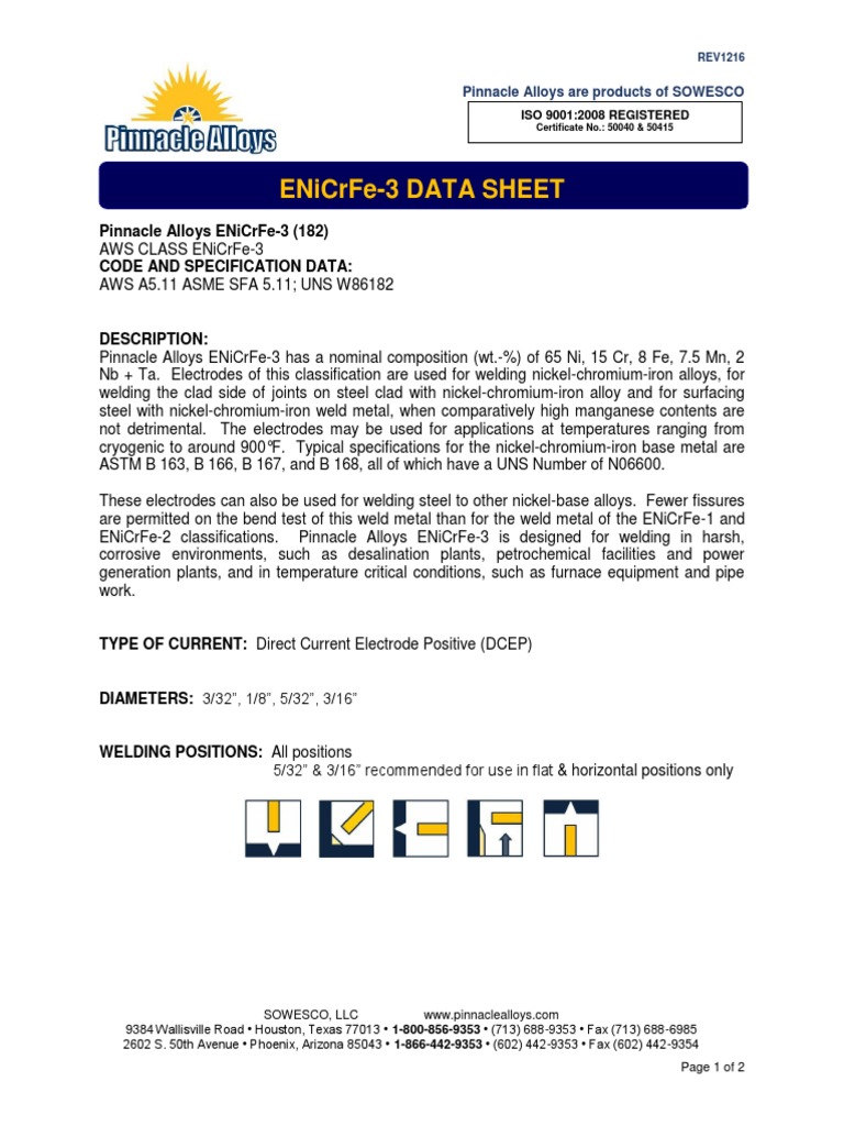 Pinnacle Alloys ENiCrFe 3 12.16 | PDF | Welding | Construction