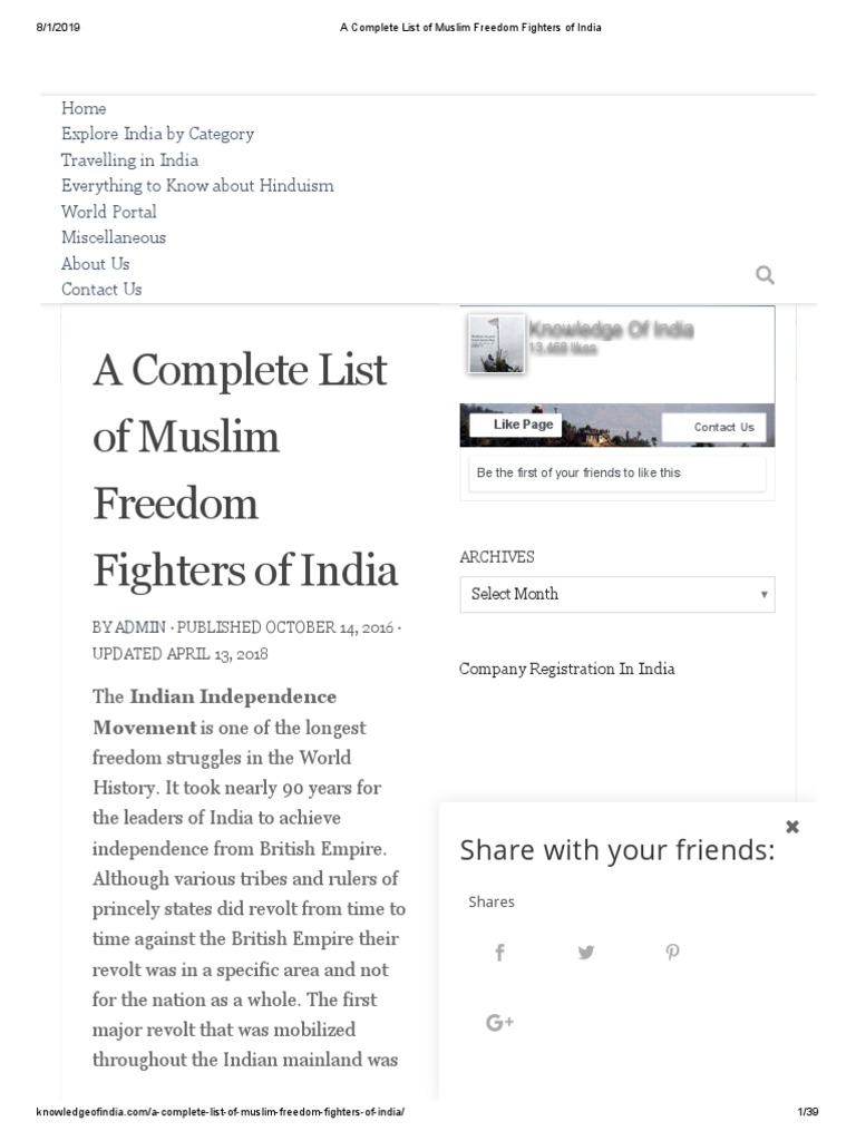 A Complete List of Muslim Freedom Fighters of India PDF | PDF ...