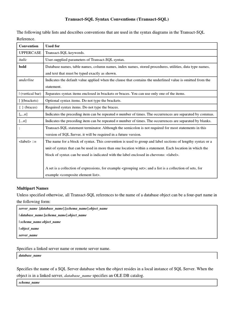 Transact Sql Syntax Conventions Transact Sql Pdf Bracket Microsoft Sql Server