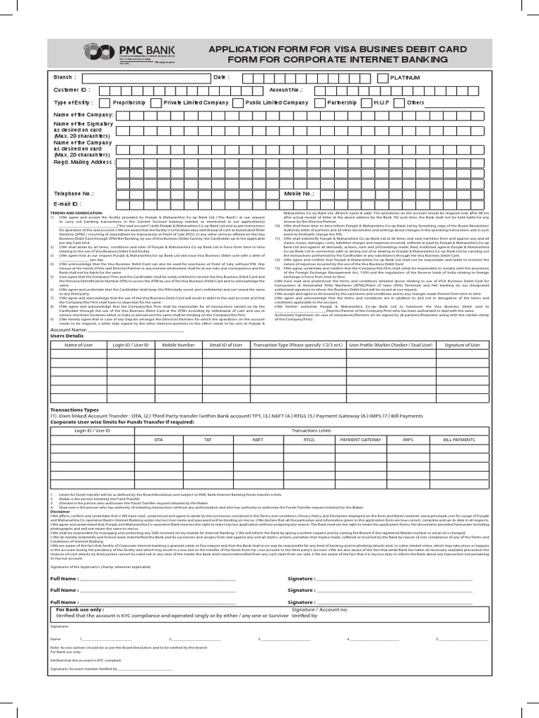 CORPORATE - FORM Internet Banking | PDF | Debit Card | Visa Inc.