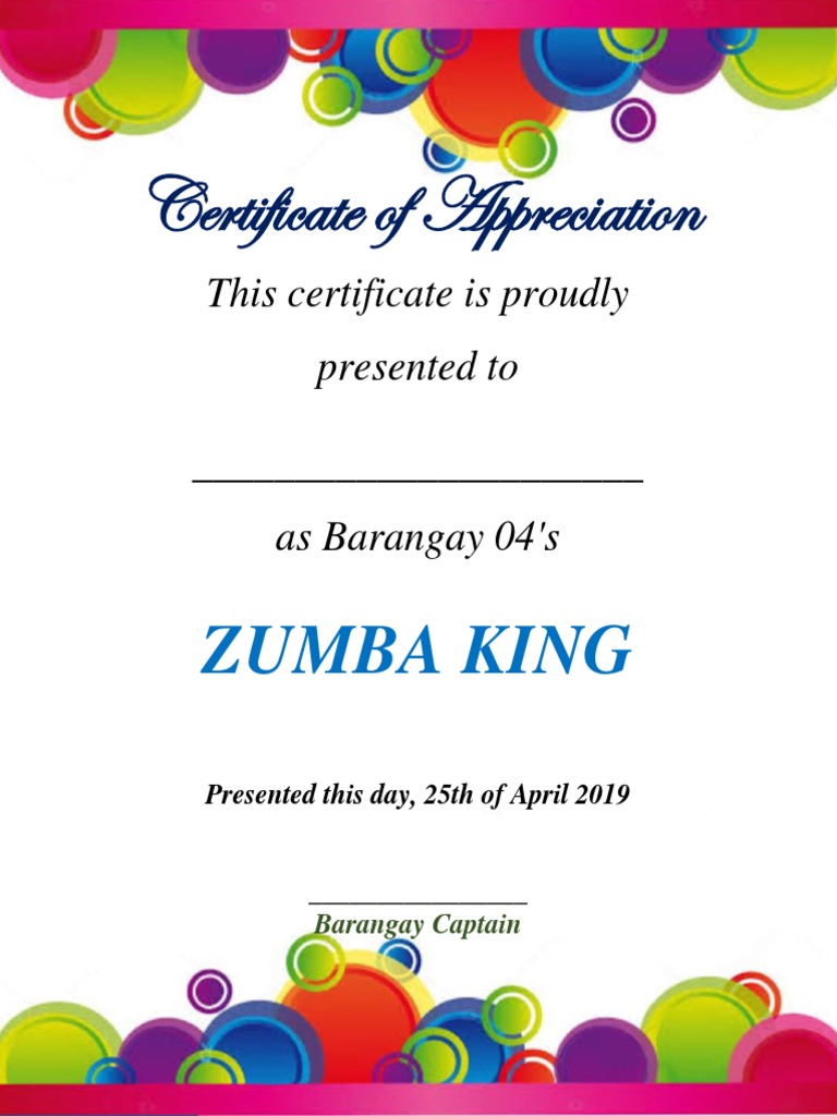 Certificate of Appreciation: Zumba King | PDF