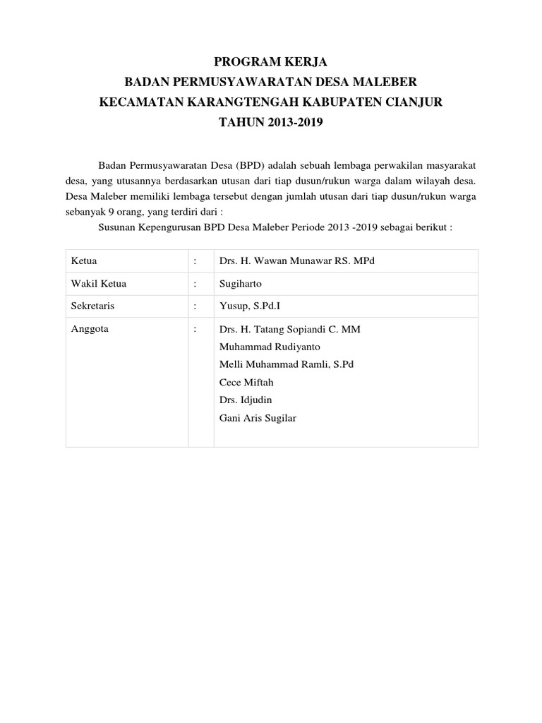 Program Kerja BPD 2019 | PDF