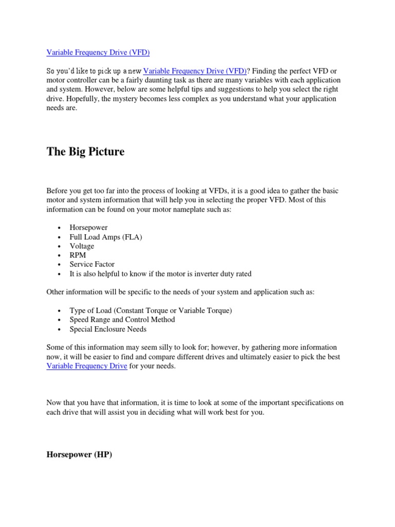 Variable Frequency Drive Selection | PDF | Electric Motor | Electrical ...