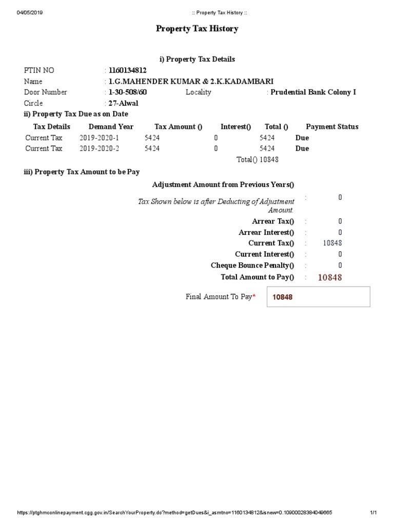 Property Tax History: Tax Shown Below Is After Deducting of Adjustment ...
