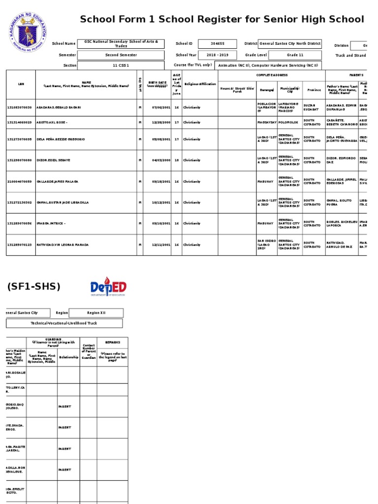 School Form 1 School Register For Senior High School (SF1-SHS) | PDF