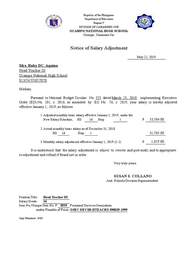 Notice of Salary Adjustment: Mrs. Ruby DC. Aquino | PDF
