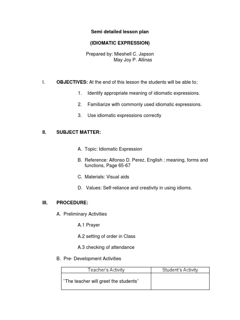 Semi Detailed Lesson Plan Idioms | PDF | Idiom | Languages