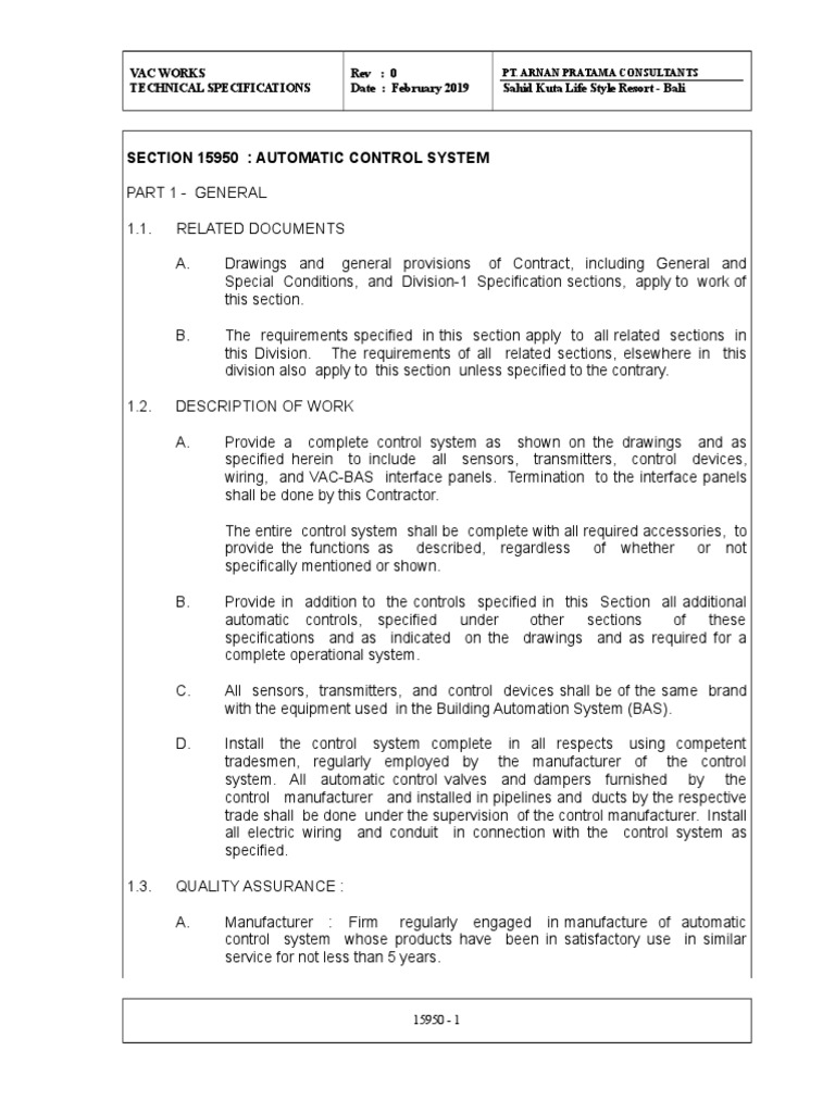 Automatic Control System Technical Spec | PDF | Valve | Electrical Wiring
