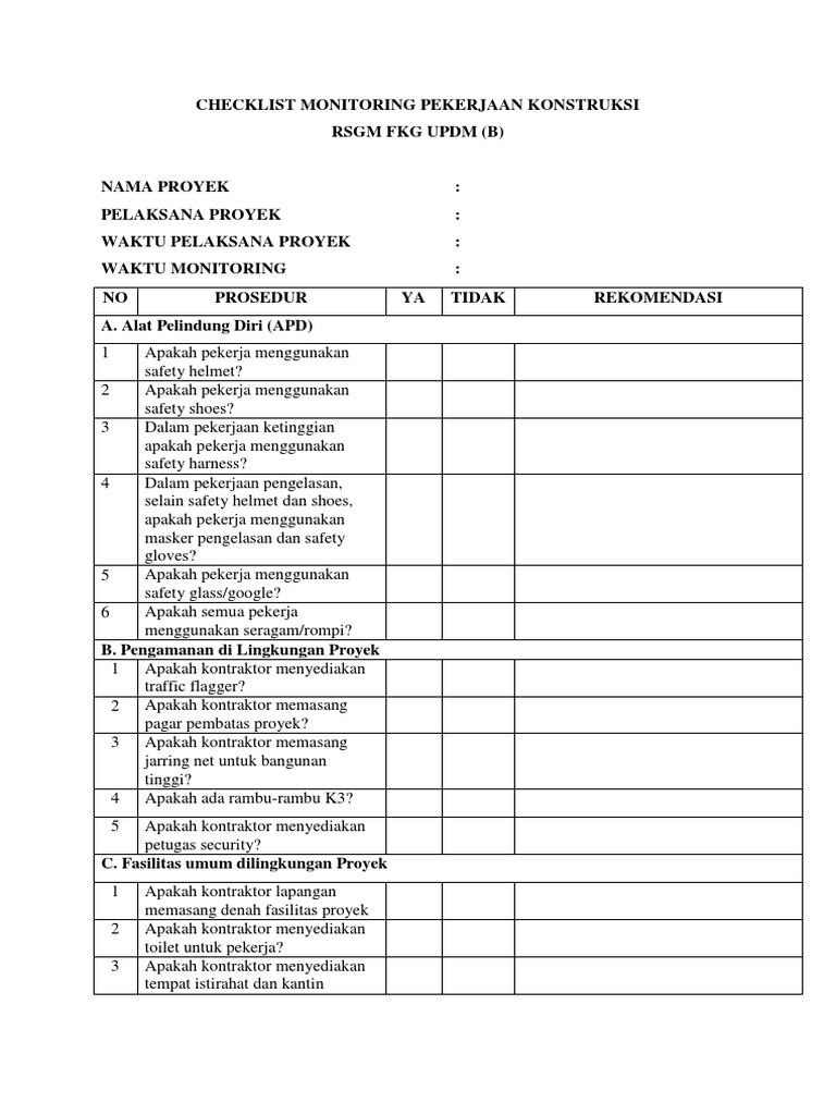 Checklist K3 Proyek Konstruksi RSGM | PDF | Teknologi & Rekayasa