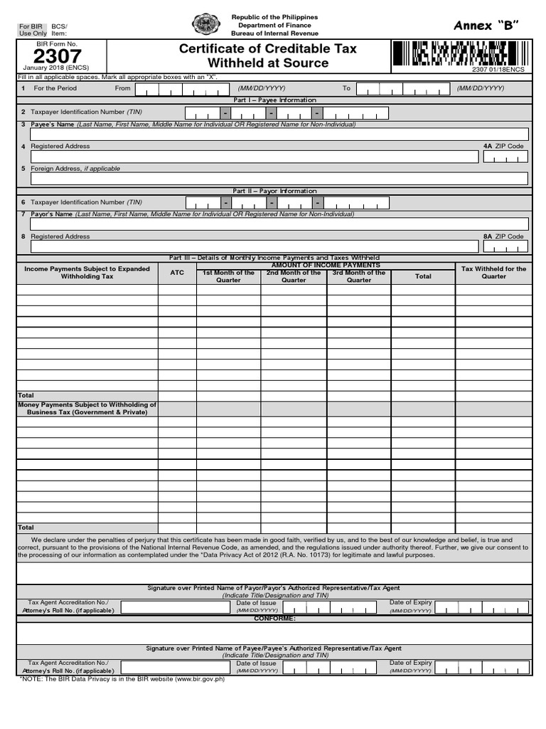 2307 Jan 2018 ENCS v3 Annex B | PDF | Withholding Tax | Corporate Tax