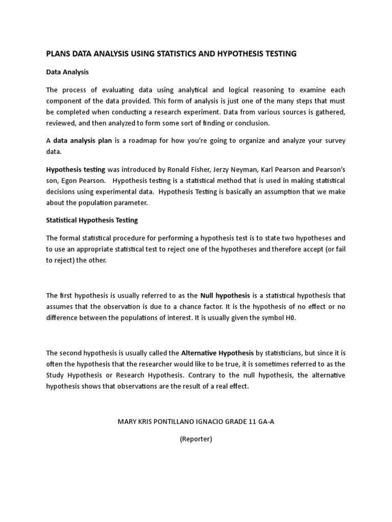 Plans Data Analysis Using Statistics And Hypothesis Testing Pdf 9197