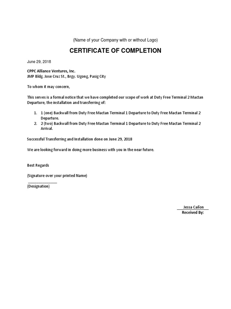 Certificate of Completion for Duty Free Installations | PDF