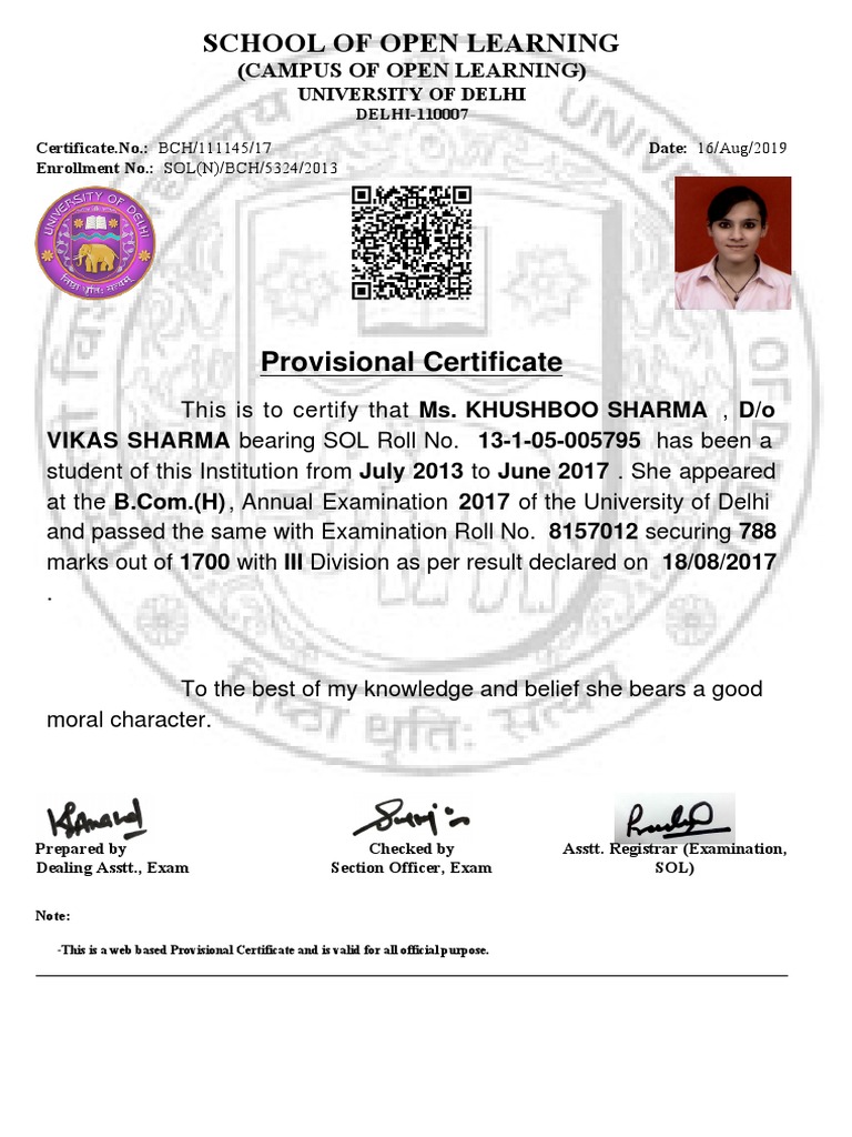 SOL Provisional Certificate for BCom Pass | PDF