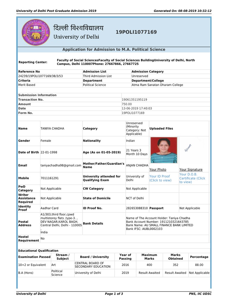 Print Adm Form | PDF | Bachelor Of Arts | University And College Admission