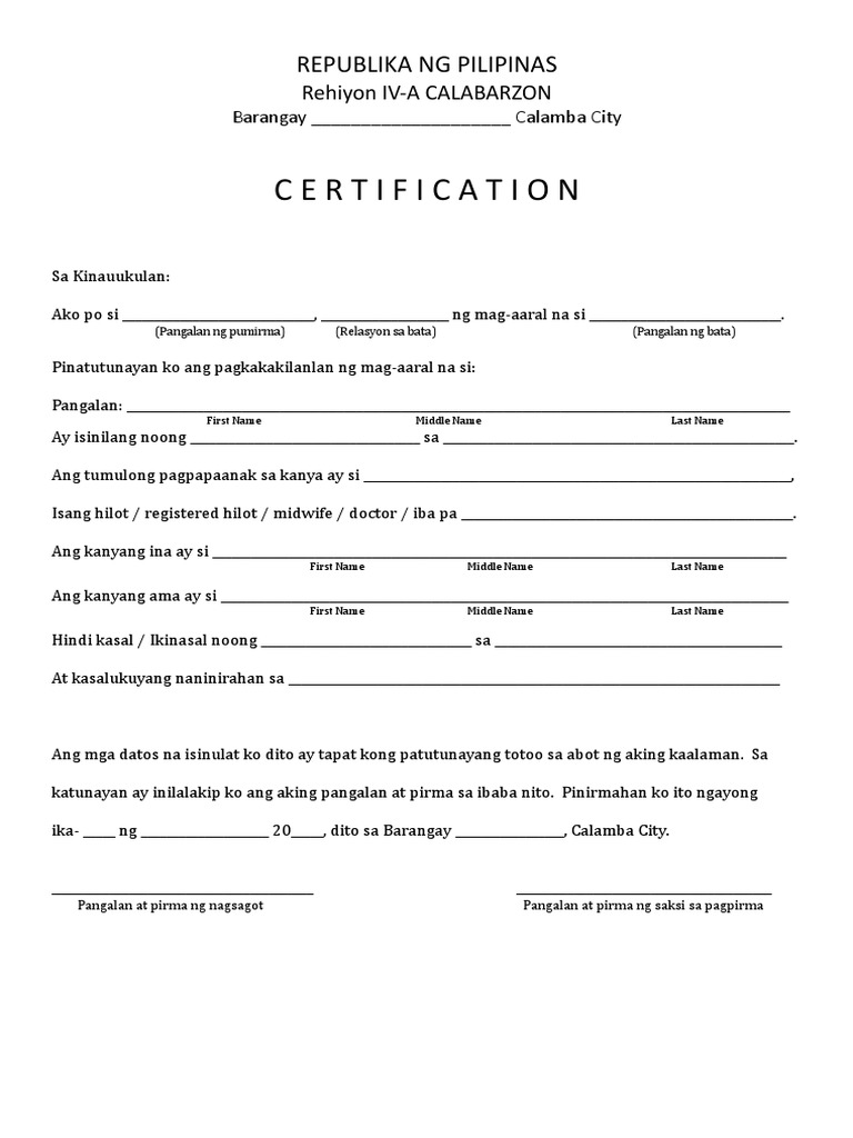 Barangay Certification For Birth Certificate Registration | PDF