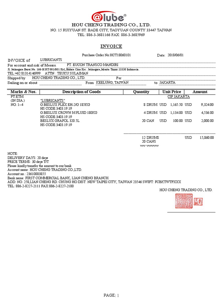 厚誠出口 INVOICE 印尼PT.ETM 20180601 PDF | PDF | Business