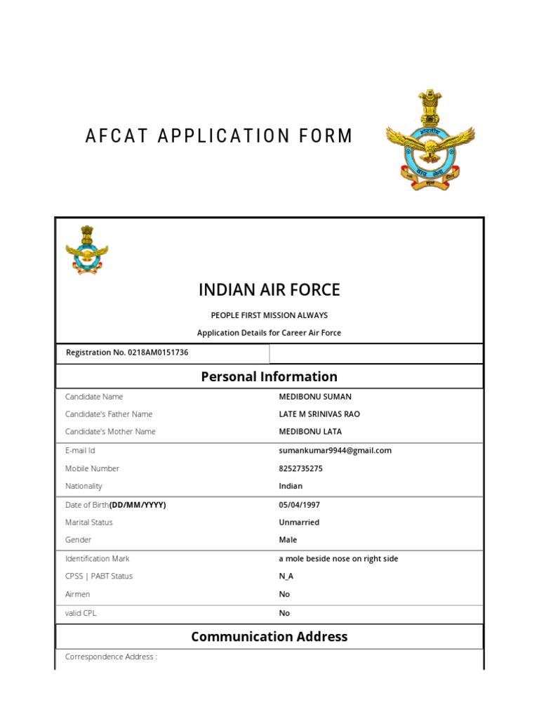 Afcat Application Form: Indian Air Force | PDF
