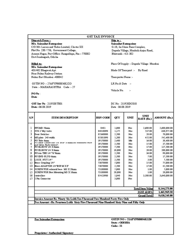 GST Invoice for Saisanket Enterprises | PDF | Manufactured Goods ...