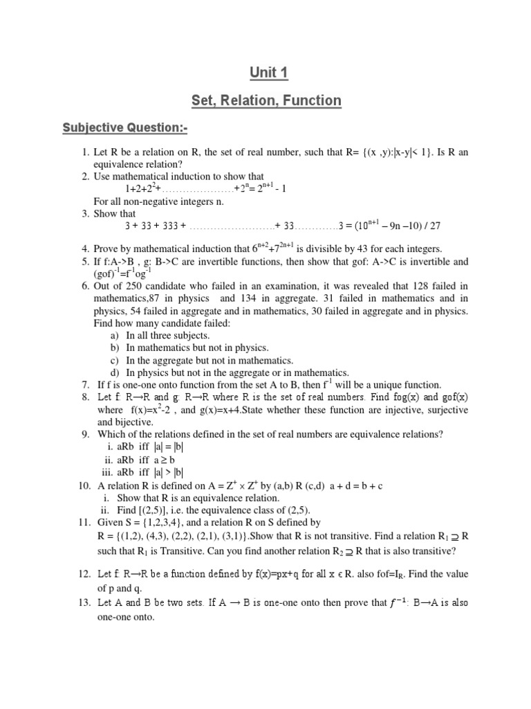 Unit 1 Set, Relation, Function: Subjective Question | PDF | Set (Mathematics) | Function ...