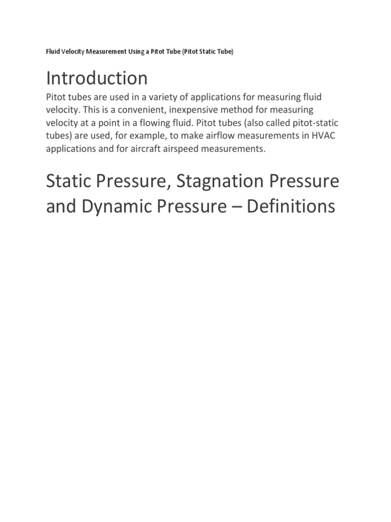 Fluid Velocity Measurement Using A Pitot Tube | PDF | Pressure ...
