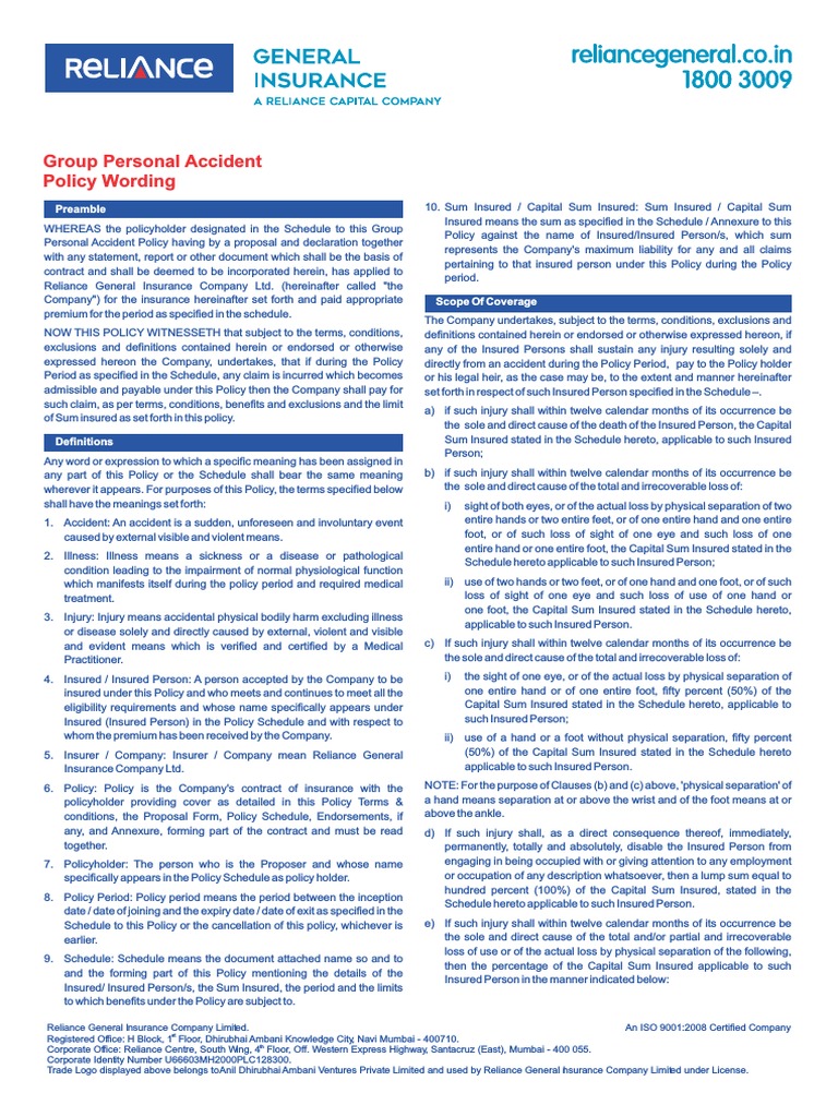 Group Personal Accident Policy Wording PDF | PDF | Subrogation | Insurance