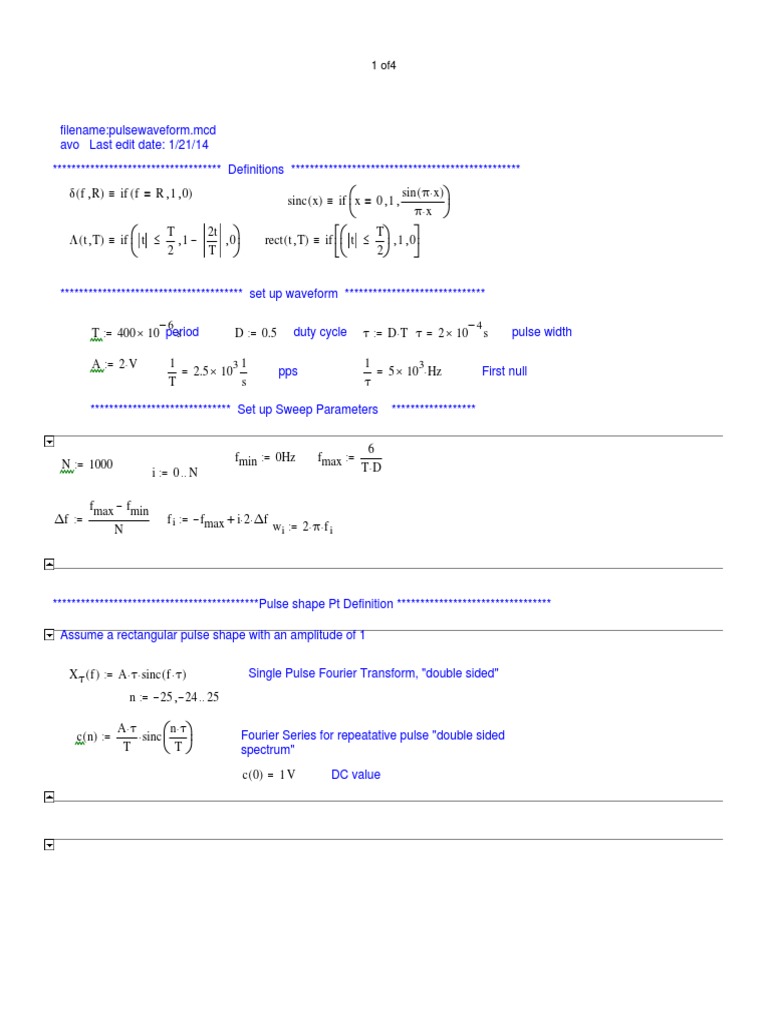 Mathcad - Pulse Waveform | PDF | Spectral Density | Algorithms