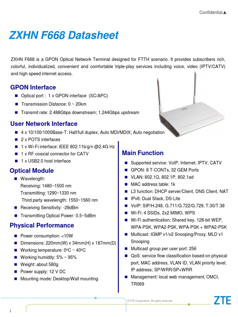 ZXHN F668 Datasheet: GPON Interface | PDF | Voice Over Ip | Wi Fi