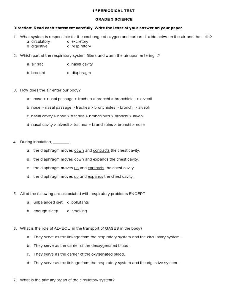 Grade 9 Science 1st Periodical Test | PDF | Respiratory System ...
