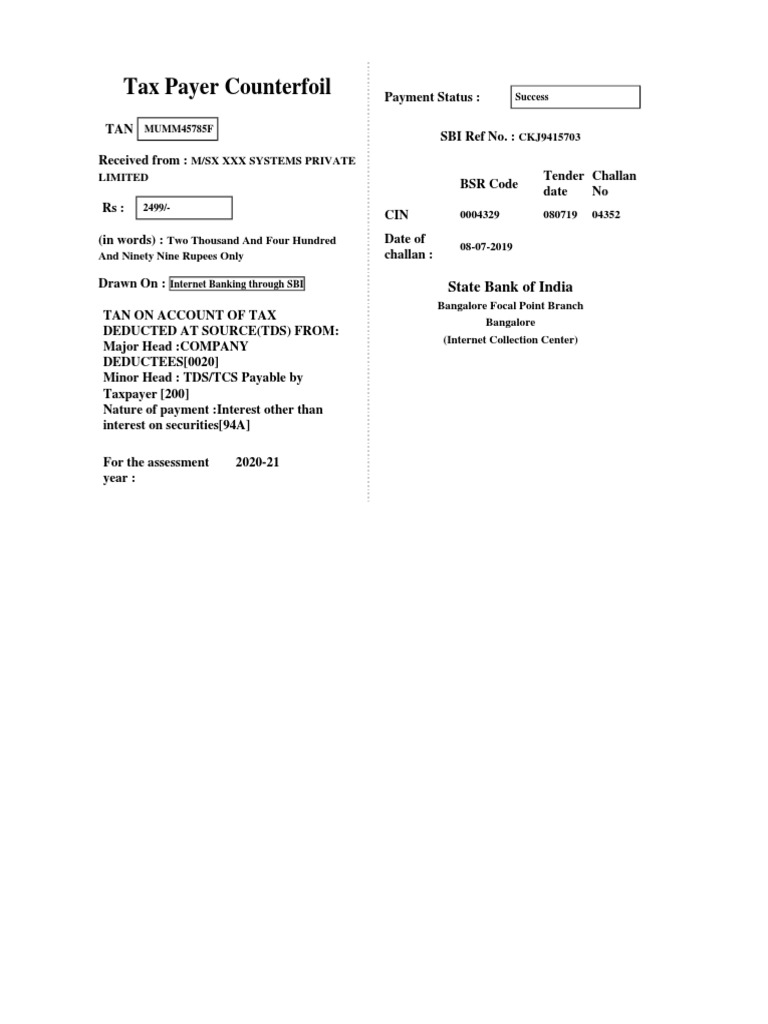 Tax Payer Counterfoil: State Bank of India | PDF